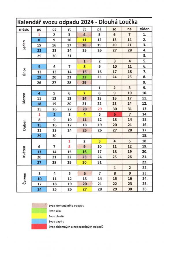 Kalendář svozu odpadu na rok 2024 - Oficiální stránky obce Dlouhá Loučka